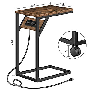 MAHANCRIS C Shaped End Table with Charging Station, Sofa Table with USB Ports and Outlets for Small Spaces, Small Side Table for Living Room, Bedroom, C Couch Table, Rustic Brown ETHR06E01