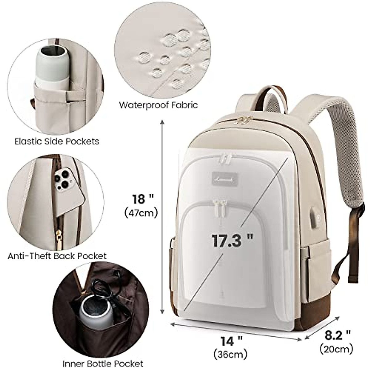 LOVEVOOK Large Travel Laptop Backpack Women,17.3 Inch Water Resistant Travel Backpack,Work Computer Back Pack for Business Daypack,Khaki