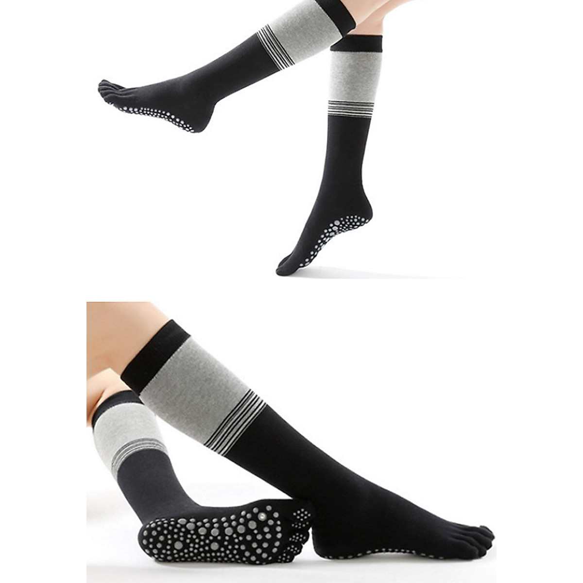 DIACACY Over Knee Non-Slip Skid Yoga Socks Five Toes Yoga Cotton Socks for Women BLK Stripe+BLK