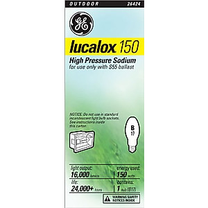 GE Lucalox High Pressure Sodium Light Bulb, B17 HPS Bulb, 150-Watt, 16000 Lumen, Medium Base, White, 1-Pack, High Intensity Discharge, HID HPS Bulb for Use Only With S55 Ballast