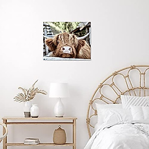 LB Highland Cow Canvas Wall Art Funny Farm Brown Bull Canvas Prints Rustic Animal Cattle Artwork Country Modern Painting Picture Poster for Bathroom Bedroom Living Room Wall Decor,16x12 Inch