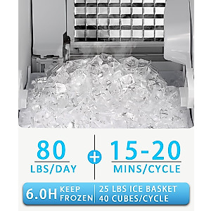 Joy Pebble Commercial Cube Ice Maker，Built-in Ice Maker Machine, 80lbs/Day, 40 Ice Cubes/Cycle, Reversible Door/Drain Pump, 24H Timer/Self-Cleaning, Under Counter Ice Cube Machine for Home Office