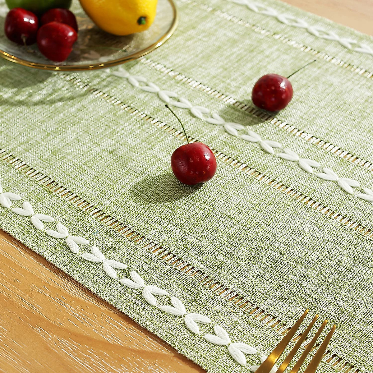 Rustic Farmhouse Style Linen Table Runner, Boho Handmade Tassel Embroidered Small Table Runners 48 Inches Long for Holiday Party, Christmas and Dining Decorations, 13 inchW X 48 inchL - Sage Green