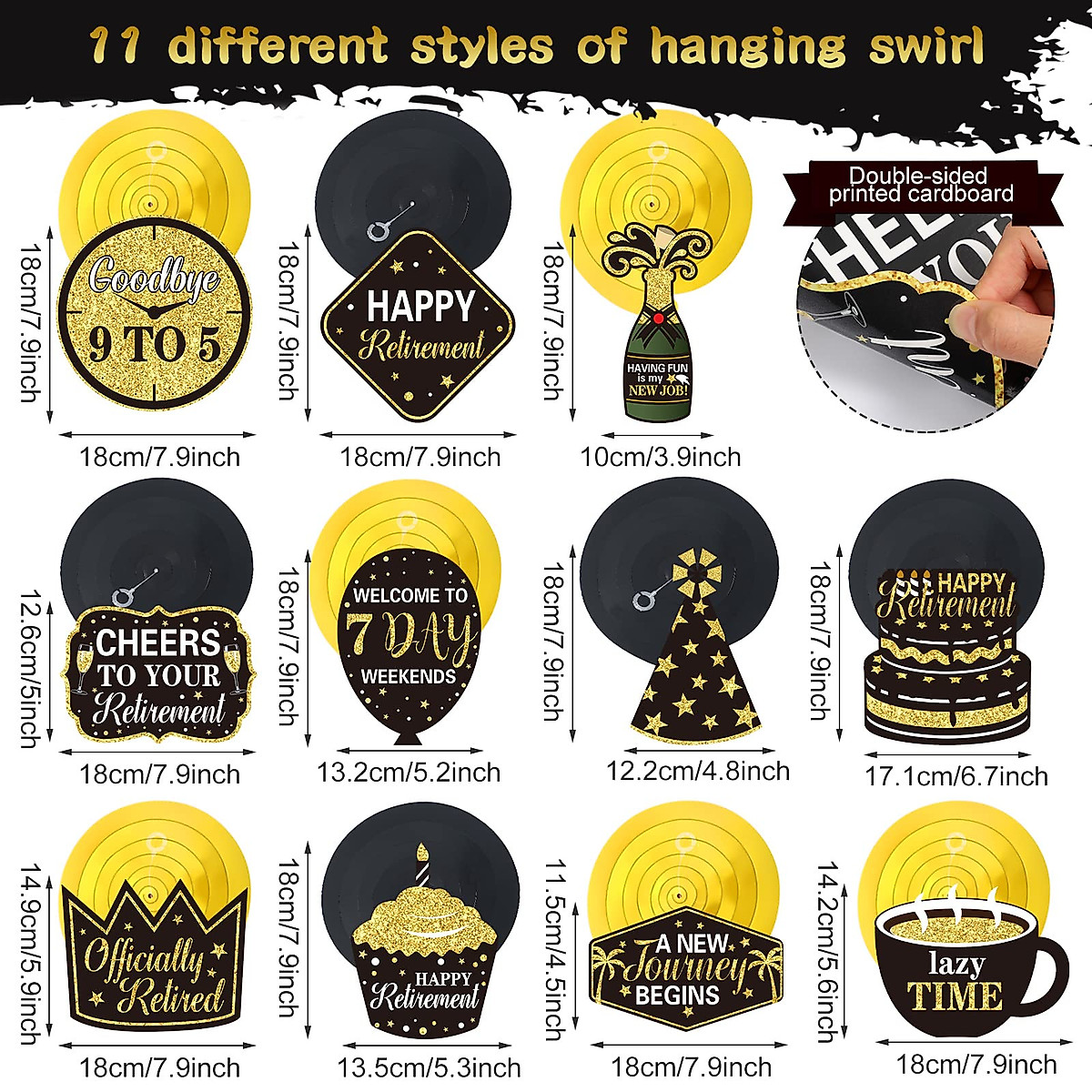 Retirement Party Decorations Set, Happy Retirement Banner Confetti Balloon Retirement Party Hanging Swirls Decorations Kit for Women Retirement Party Indoor Outdoor Supplies (Black and Gold)