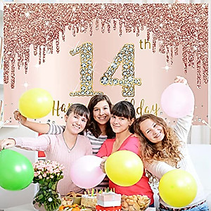 Happy 14th Birthday Banner Backdrop Decorations for Girls, Rose Gold 14 Birthday Party Sign Supplies, Pink 14 Year Old Birthday Poster Background Photo Booth Props Decor