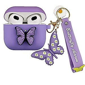 YQG Compatible with Airpods 3rd Gen 2021 Case Cover, Cute 3D Butterfly Fashion Cartoon Liquid Silicone Kids Teens Cases with Fun Cool Keychain for Apple Airpods 3rd Generation Charging Case (Purple)