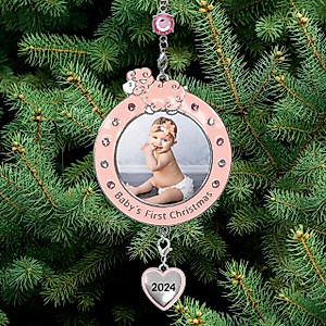 BANBERRY DESIGNS Baby Girl's First Christmas - 2024 Photo Ornament - Dated Xmas Picture Decoration for Newborn Daughter - Baby's 1st Keepsake - Gift/Storage Bag Included