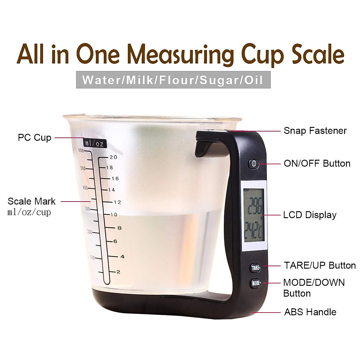 Kitchen Scale Digital Measuring Cup 1kg/600ml Food Scale Weight Scale Scales Weighing Water Milk Flour Sugar Oil Coffee Liquid Baking Cooking Plastic Measuring Cups Grams and Ounces (Black)