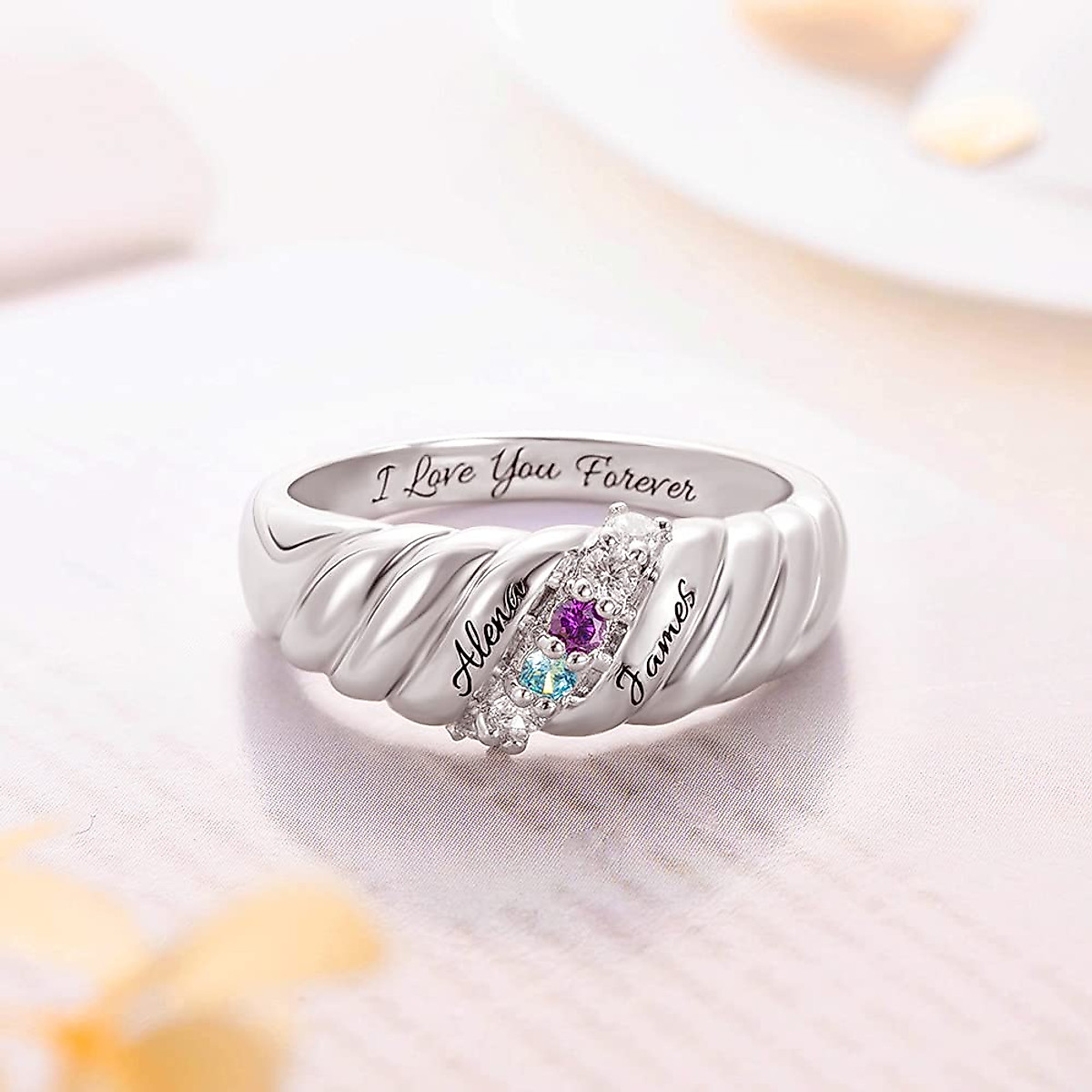 AILIN Custom Dome Chunky Birthstone Rings 925 Sterling Silver Personalized Inside Engraving Birthstone Name Rings Wedding Engagement Mothers Day Birthday Jewelry Gifts For Women Grandma Daughter