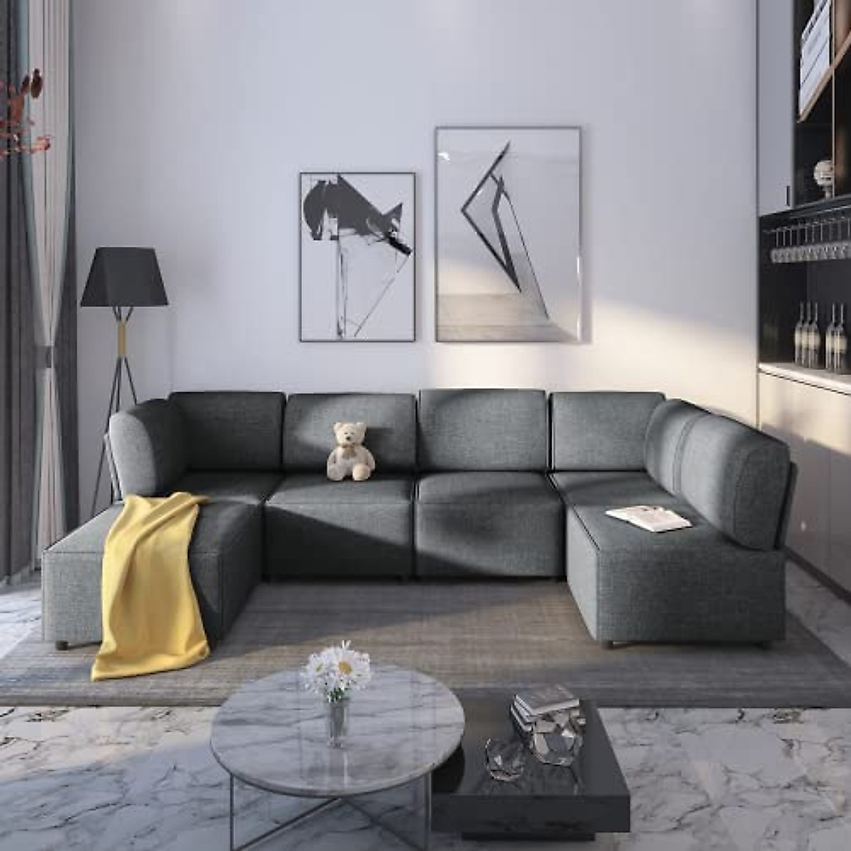 ZAFLY Modular Sectional Sofa Couch, U/L Shaped Couch with Oversized Seats, Ottoman, Convertible Modern Linen Fabric Reversible Chaise, Sofa Sleeper for Living Room, Apartment 120.4" W (Deep Gray)