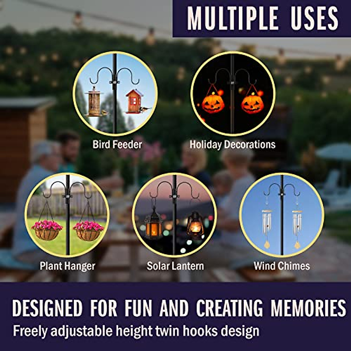 WY String Light Poles for Outdoor String Light - Light Pole with Hooks & Solar Panel Base to Hang up LED Lighting - Backyard, Garden, Patio, Deck Lighting Stand for BBQ, Party, Bistro & Weddings