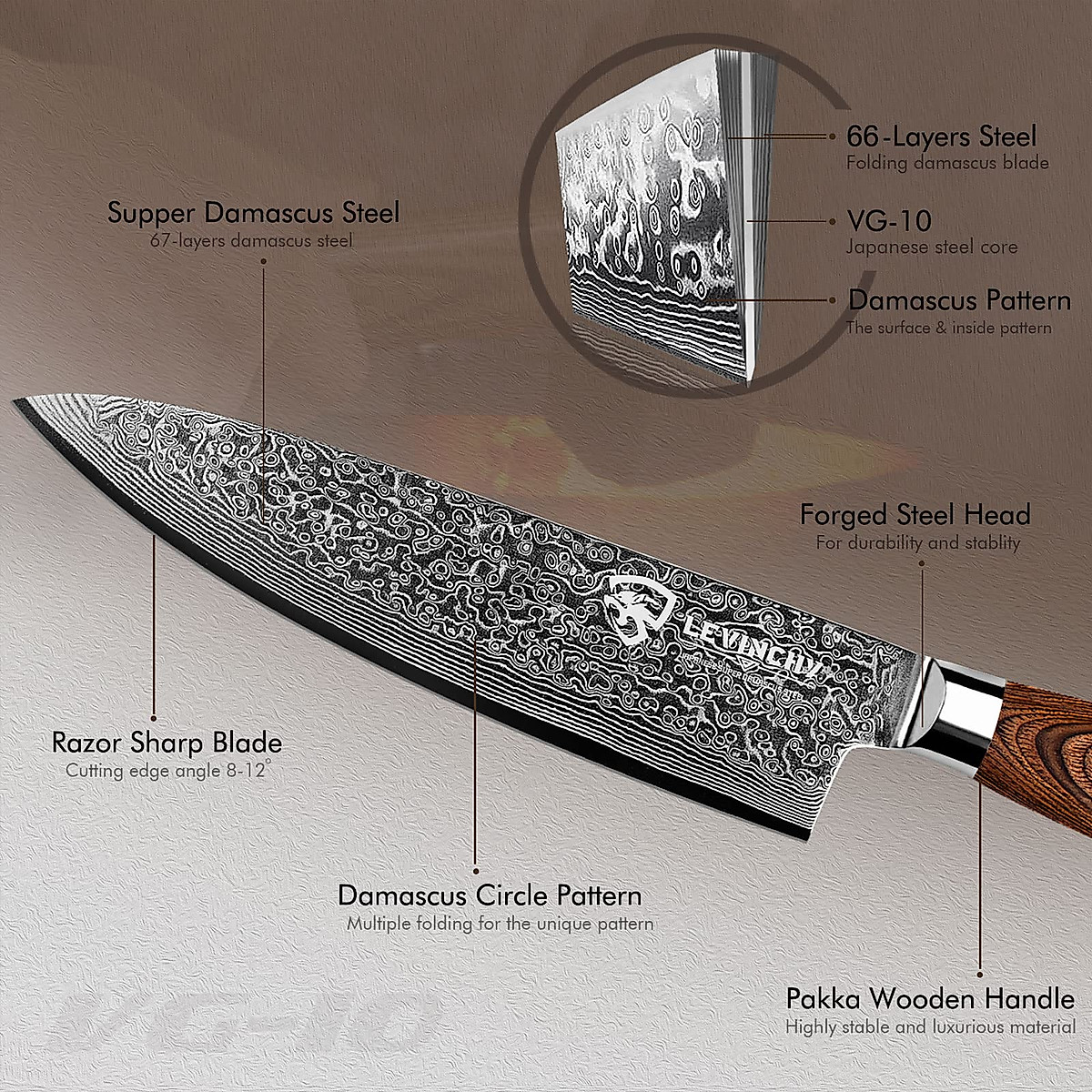 LEVINCHY Damascus Chef's Knife 8 inch Professional Handmade Damascus Stainless Steel Kitchen Knife, Superb Edge Retention, Stain & Corrosion Resistant, Ergonomic PAKKA Wood Handle