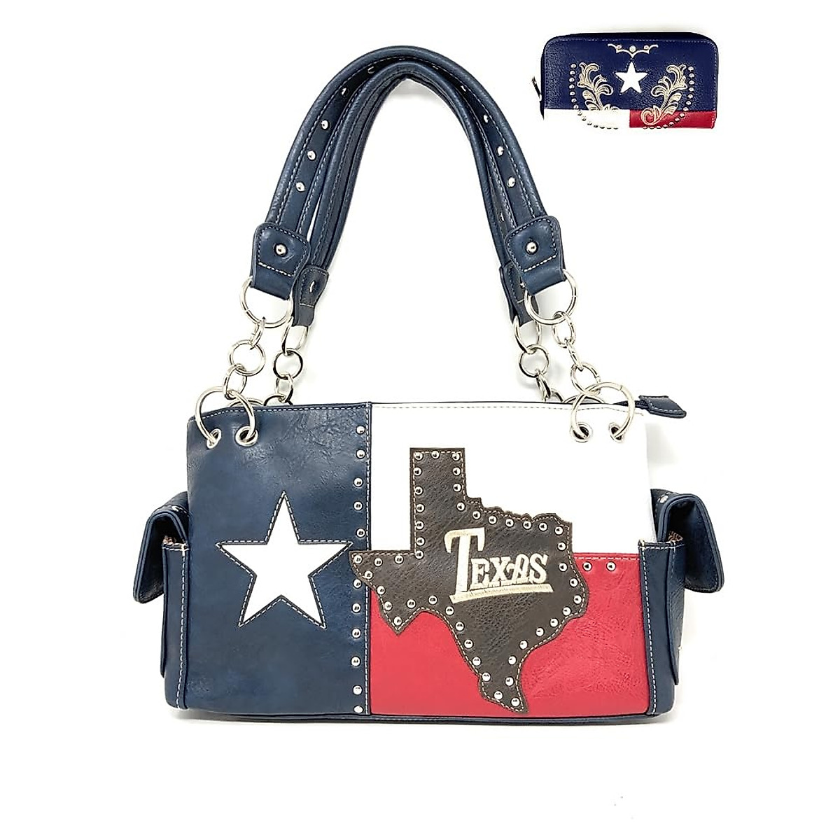 Premium American National Flag Rhinestone Handbag, Messenger bag, Wallet in Multi Colors (Texas State Map Set)