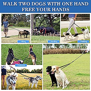 Pet Dog Double Leashes - No Tangle Dog Leash Coupler, Comfortable Shock Absorbing Reflective Bungee Lead for Nighttime Safety, Dual Dog Training Leash for Small, Medium & Large Dogs (Black)