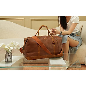 BAOSHA Leather Travel Duffel Tote Bag Overnight Weekender Bag Oversized for Men and Women HB-14 (Brown)