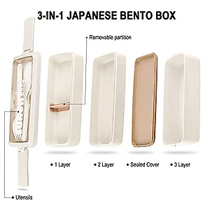 ASYH Bento Box Lunch Box, 3-In-1 Compartment Meal Prep Stackable Containers 1000ML, Japanese Style Lunch Box with Fork and Spoon for Adults Office, Microwave Safe (Khaki)