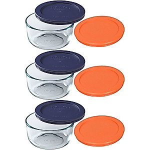 Pyrex Storage 2 Cup Clear Round Dish, Pack of 3 Containers with 2 Color Lids