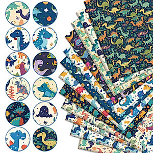 JarThenaAMCS 12Pcs Dinosaur Themed Cotton Fabric Bundles Cartoon Dinosaur Fat Quarters Cute Quilting Patchwork for DIY Craft Home Party Decor, 18 x 22 Inch