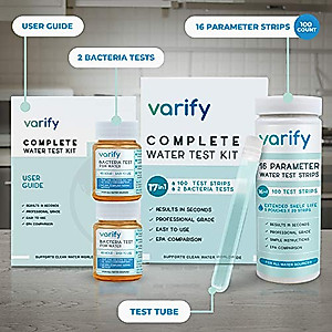 17 in 1 Premium Drinking Water Test Kit - 100 Strips + 2 Bacteria Tests - Home Water Quality Test - Well and Tap Water - Easy Testing for Lead, Bacteria, Hardness, Fluoride, pH, Iron, Copper and more!
