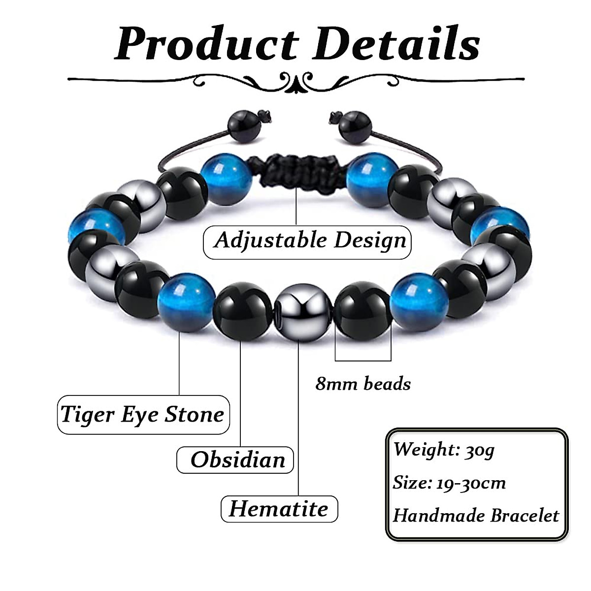 SOOWOOT 2-4Pcs Triple Protection Bracelet - Tiger Eye & Obsidian & Hematite Triple Bracelet Bring Protect Good Luck and Prosperity for Men Women (D:2pcs-Weave)