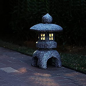 OUSHUAI Pagoda Garden Statue Outdoor Figurine Lights Solar Powered LED Garden Decor Pagoda Light Asian Lantern Outdoor Decorations Home Tranquil Resin Waterproof Decor Lawn Yard