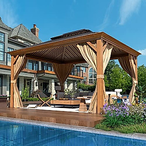 Erinnyees 10' X 12' Aluminum Wood Grain Hardtop Gazebo, Outdoor Aluminum Double Roof with Privacy Curtain and Mosquito Net for Patio, Garden, Lawn Deck (Wood Looking)