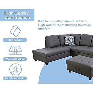 Caberryne Sectional Couch for Living Room Furniture Set Dack Grey,Sectional Sofa Set L Shape Sofa and Chaise with Storage Ottoman for Living Room/Apartment（Dack Grey,Facing Left Chaise）