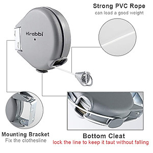 Retractable Clothesline Wall Mounted, Single Extendable Clothes Line Laundry Dryer, Adjustable Heavy Duty Washingline for Indoor Outdoor, Garden, Patio, Laundry - Easy Installation(49FT Grey)