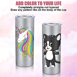 Zopeal 10 Pack Silver Sublimation Tumblers 20 oz Blank Skinny Tumbler Bulk Glitter Straight Double Wall Stainless Steel Insulated Tumblers with Lid and Straw for Heat Transfer Water Bottle Gift