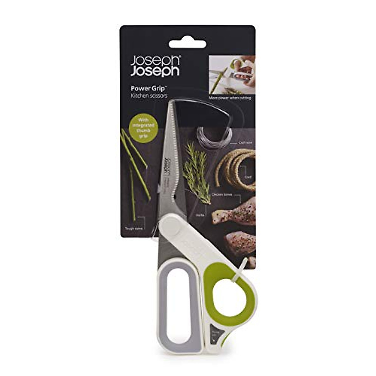 Joseph Joseph 10302 PowerGrip Kitchen Shears Scissors with Thumb Grip and Herb Stripper Separates for Cleaning Japanese Stainless-Steel, White/Green