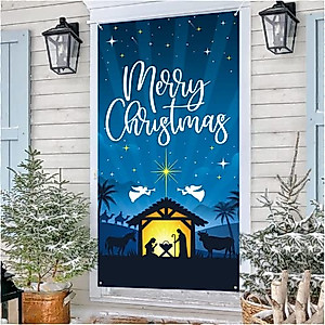 DAZONGE Nativity Scene Outdoor Christmas Decorations, Merry Christmas Door Cover, Holy Night Christmas Decor - Religious Manger Scene Christmas Banner / Backdrop for Front Door Photo Booth Props