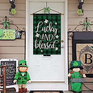 AVOIN colorlife Lucky and Blessed Watercolor Buffalo Plaid Shamrock House Flag Double Sided, St Patricks Day Yard Outdoor Flag 28 x 40 Inch