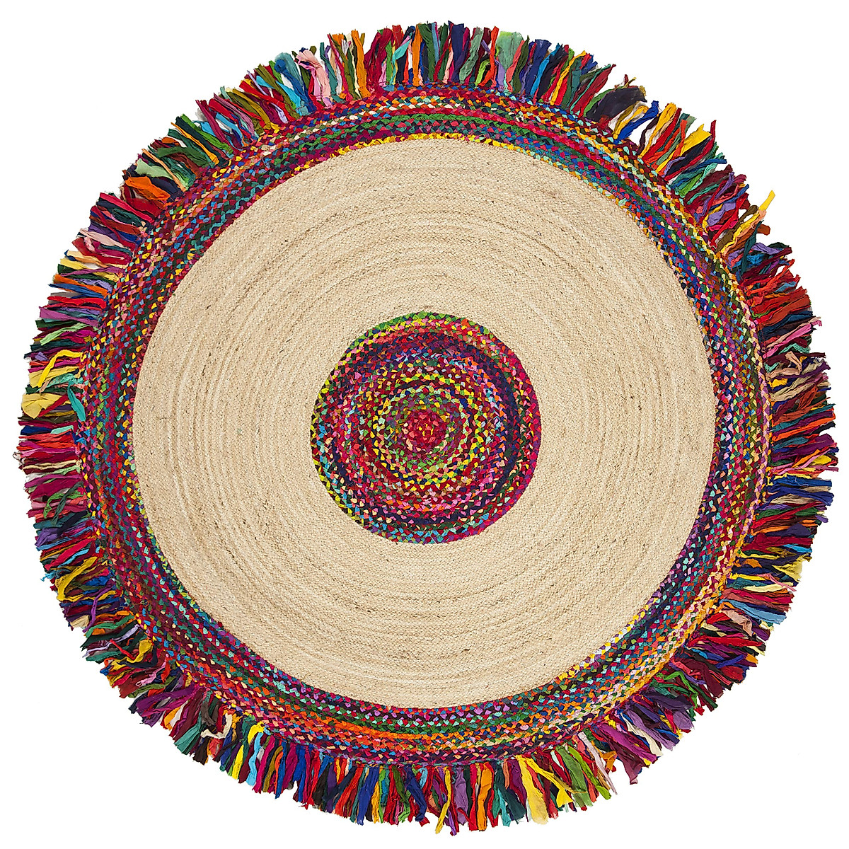 SAFAVIEH Cape Cod Collection 6' Round Ivory/Red CAP205A Handmade Boho Fringe Jute & Cotton Area Rug