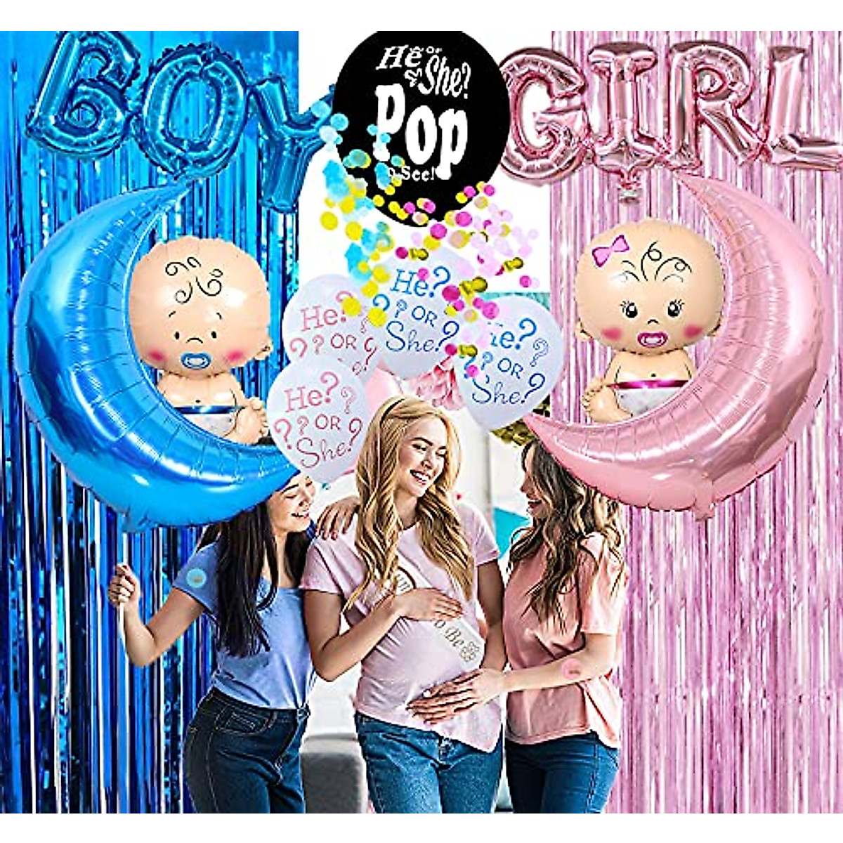 Gender Reveal Decorations, Boy or Girl Gender Reveal Party Supplies Kit Inclouding Gender Reveal Balloon Pink and Blue Confetti Packs for Boy or Girl,Metallic Tinsel Foil Fringe Curtains Photo Backdrop,Team Boy and Team Girl Sticks ,Mommy to Be Sash