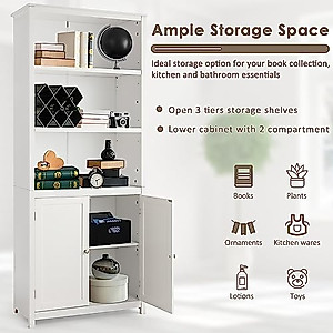 SILKYDRY Bookshelf with Storage Cabinet, 3-Tier Open Shelf, Standing Tall Bookcase with Double Doors, Anti-Tipping Device & Adjustable Shelves, Versatile Book Shelf for Home Office (White)