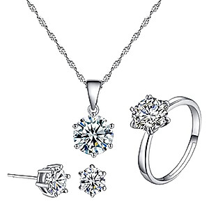 Harlorki Women Lady Girl's 925 Silver Plated Round Circle Crystal Rhinestone Pendent Chain Necklace Stud Earring Finger Ring Jewelry Set