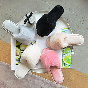 Parlovable Women's Faux Fur Slippers Fuzzy Flat Spa Fluffy Open Toe House Shoes Indoor Outdoor Slip on Memory Foam Slide Sandals Cream 5-6