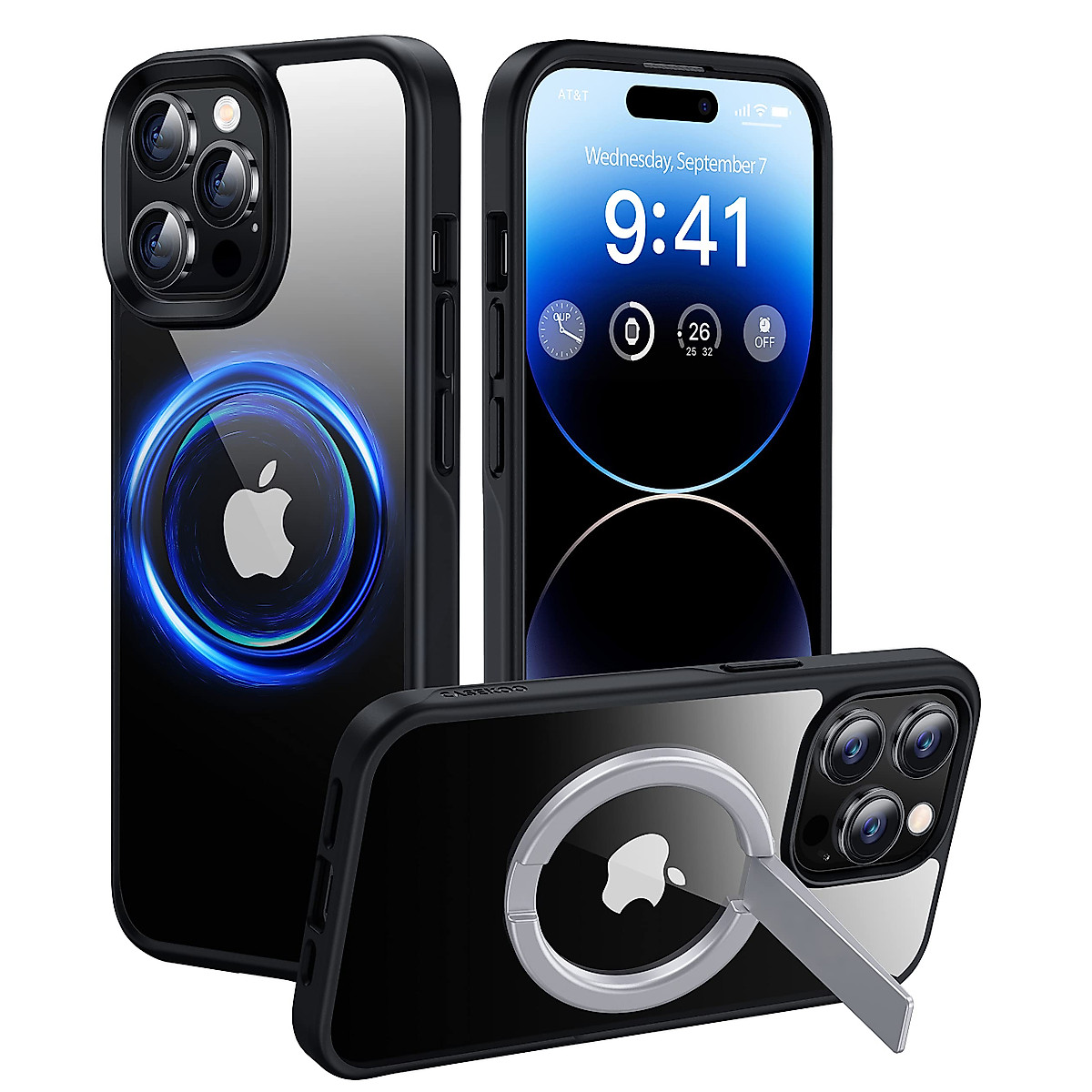 CASEKOO Clear Hybrid for iPhone 14 Pro Max Case (2024 Upgraded), Ultra Strong Magnetic Force, 10FT Milirary Drop Protection, with 360° Rotating Magnetic Stand, Transparent Slim 6.7 inch, Clear Black