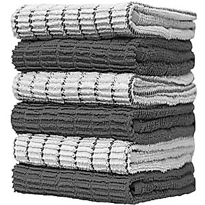 Pack of 6 Premium Bright Kitchen Towels Set - Striped Chef Weave Kitchen Hand Towels - Large, 380 GSM, Extra Absorbent - Dish Towels for Drying Dishes - Cotton Tea Towels - Kitchen Hand Towels - Grey