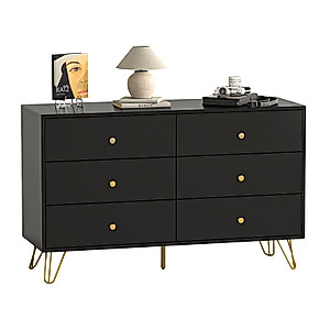 Tradare Black Dresser for Bedroom, 6 Drawer Dresser with Golden Handles, Large Storage Cabinet, Modern Chest of Drawers Organizer Storage for Hallyway, Entryway