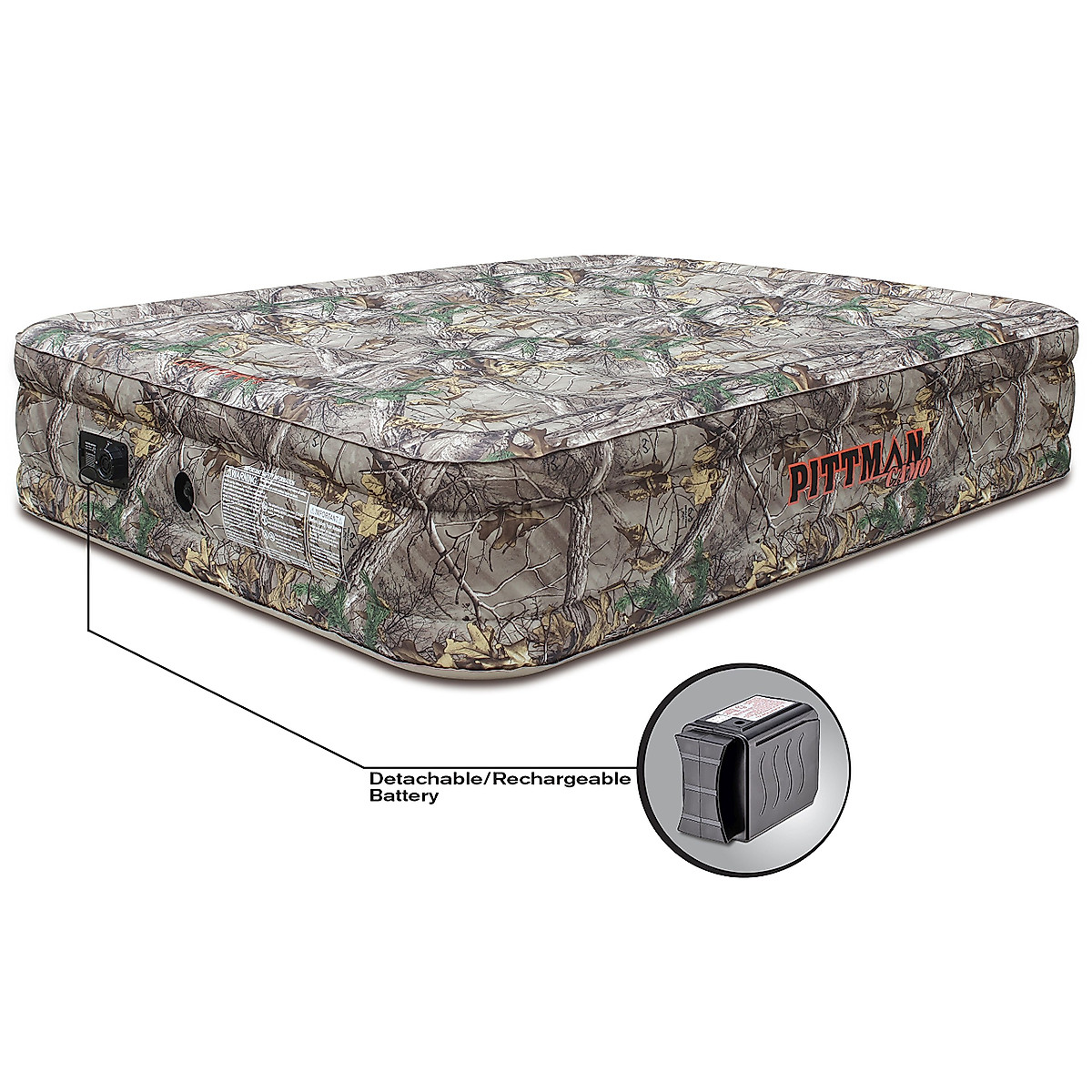 Pittman Outdoors Airbedz Air Mattress - Indoor Outdoor Waterproof Bed, Built-in Rechargeable Battery Air Pump, Queen Size, 16-inches Tall, Realtree Camo, Carry Bag and Patch Kit Included