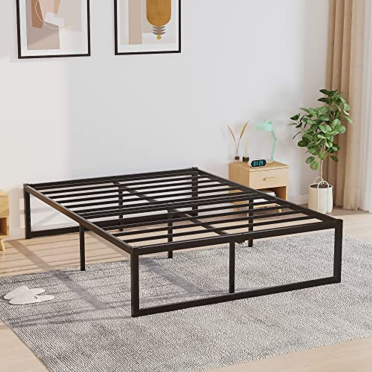 Elephance Queen Bed Frame with Storage Space 16 Inch Black Bedframe No Box Spring Needed Metal Platform with Heavy Duty Steel Slat Support, Easy Assembly