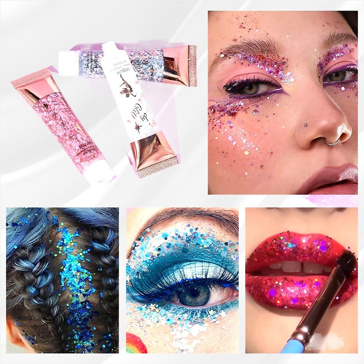 SeleneTenderaes 8 Pink Color Body Glitter Silver Face Hair Self Adhesive Gel Festival Accessories Cosmetic Glitter Long Lasting Chunky Sequins Glitters for Eye Lip Nails Gel Festival Rave 23g