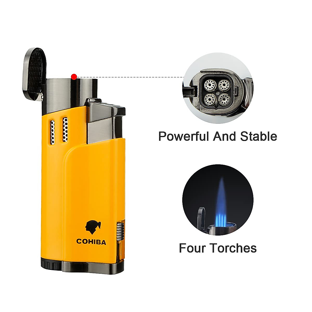 Cigar Lighters Torch with Punch 4 Jet Butane Refillbale Lighter Metal Torches Windproof (Yellow)