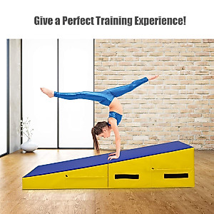 GYMAX Incline Gymnastics Mat, 60"X30"X14" Wedge Shape Gymnastics Incline Mat Folding Gymnastics Gym Fitness Tumbling Mat, Ideal for Tumbling, Practice & Exercise (Yellow, 60"X30"X14")
