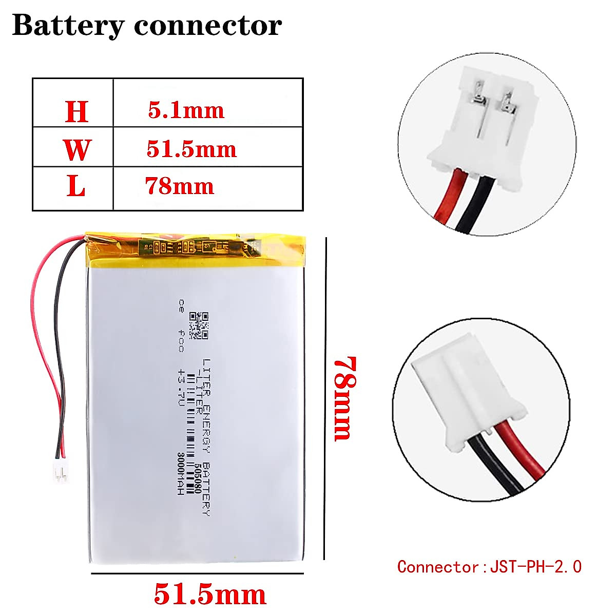 Liter Energy Battery 3.7V Lipo Battery 3000mAh Rechargeable Lithium ion Polymer Battery 505080 Lithium Polymer ion Battery with JST Connector