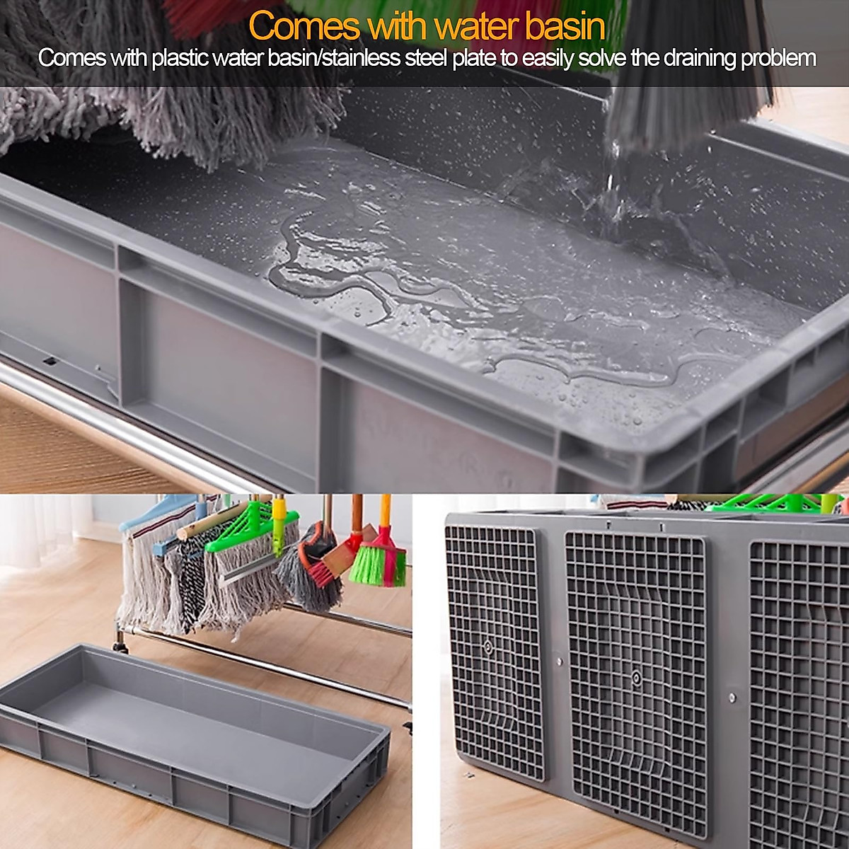 IGZVMBO Hanging Broom Mop Holder, Hand Trucks Broom, Movable Commercial Mop Rack, Cleaning Cart On Wheels, Tool Storage for Garage Garden Closet, 62x40x96cm(6slots), Silver