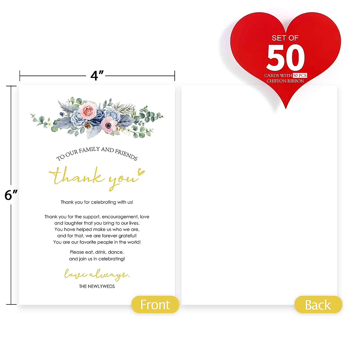 HUIHUANG Place Cards, 50 Pcs Greeting Card for Wedding, Bridal Shower, Thank You, 4 x 6 in, Blue Floral