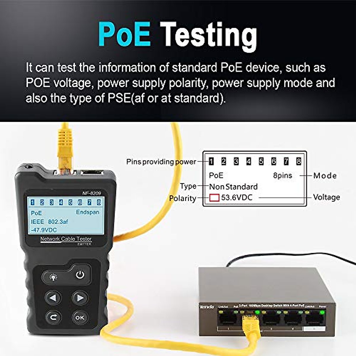 Network Cable Tester RockyMars NF8209, Wire Tracker with PoE Testing, Port Flash, Cable scan, Length Measurement, and Continuity Testing Function for CAT5e/CAT6/CAT6a, LCD Display