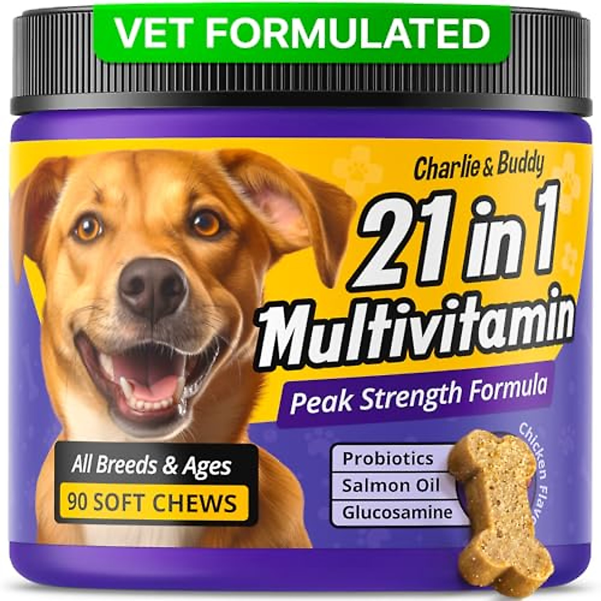 Charlie & Buddy Dog Multivitamin 21 in 1 - Dog Vitamins and Supplements with Vitamin C Multivitamin for Dogs - Chicken Flavour Dog Vitamins Soft Chews - 90ct